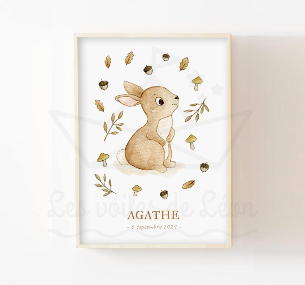 Affiche lapin prénom enfant - Déco aquarelle forêt bébé naissance