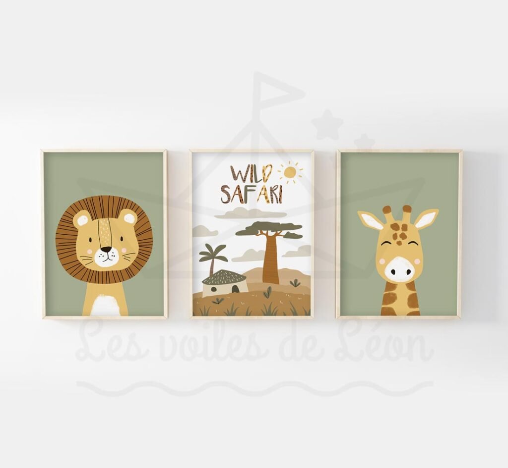 Affiche enfant prénom Safari - Lion & Girafe - Décoration chambre