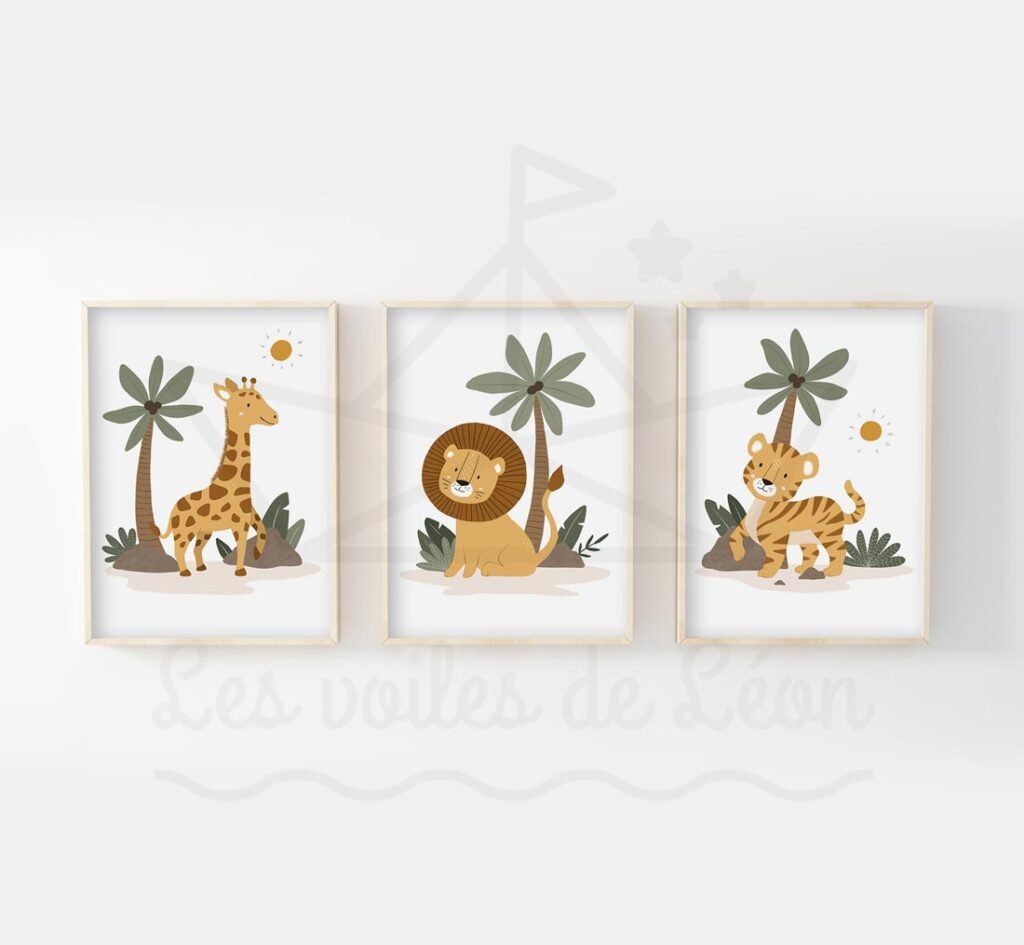 Affiches jungle chambre bébé - Décoration murale enfant safari